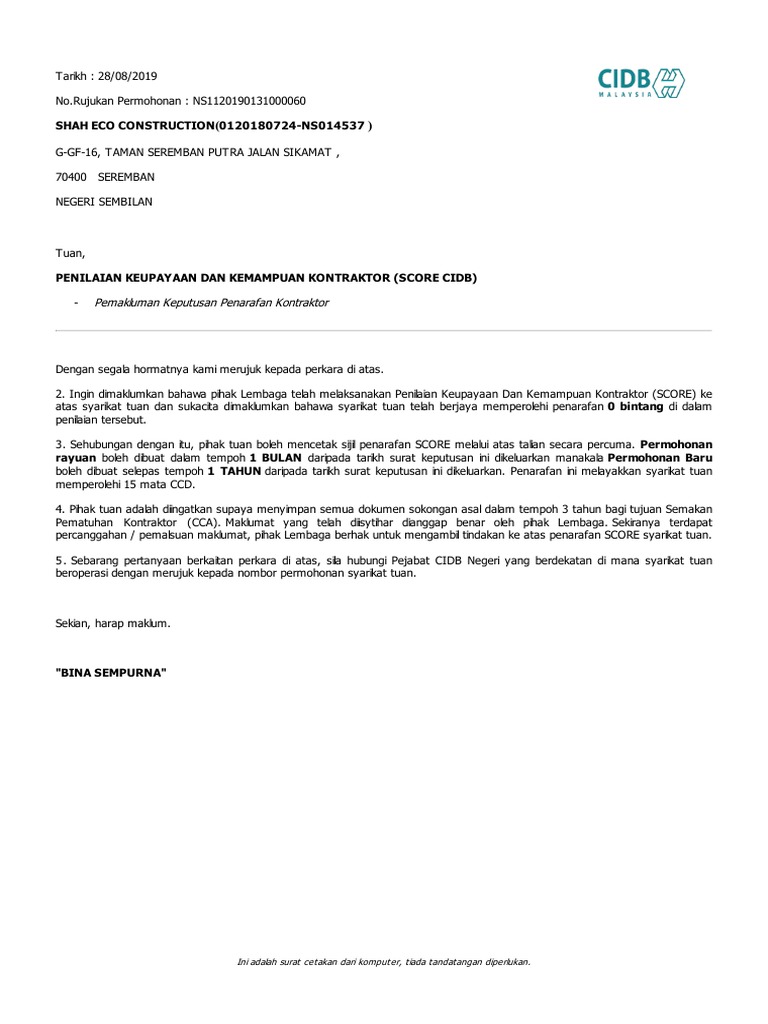 Penilaian Keupayaan Dan Kemampuan Kontraktor (Score Cidb) | PDF