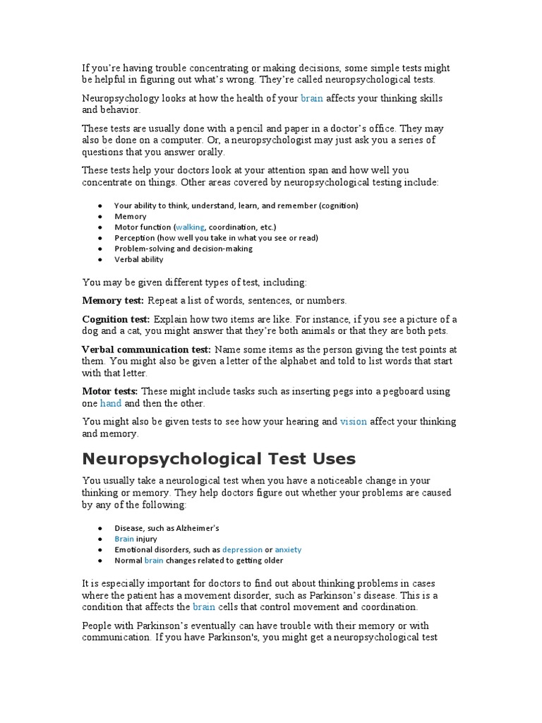Neuropsychological Test Uses: Brain | Download Free PDF ...