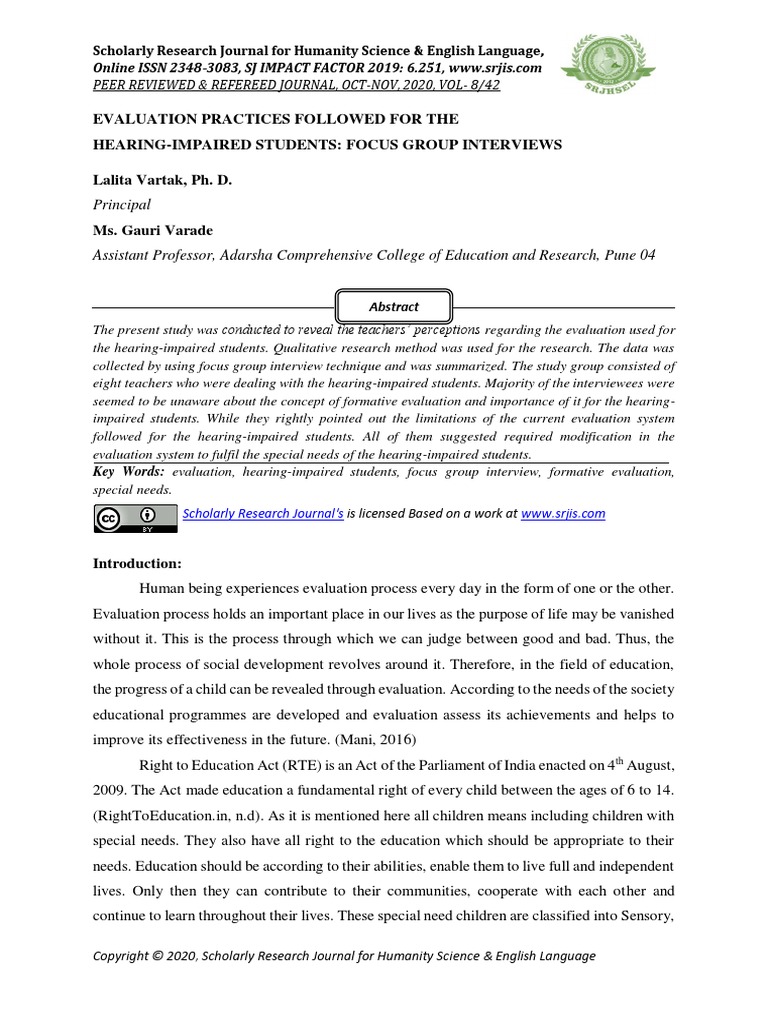 Evaluation Practices Followed For The Hearing Impaired Students Focus