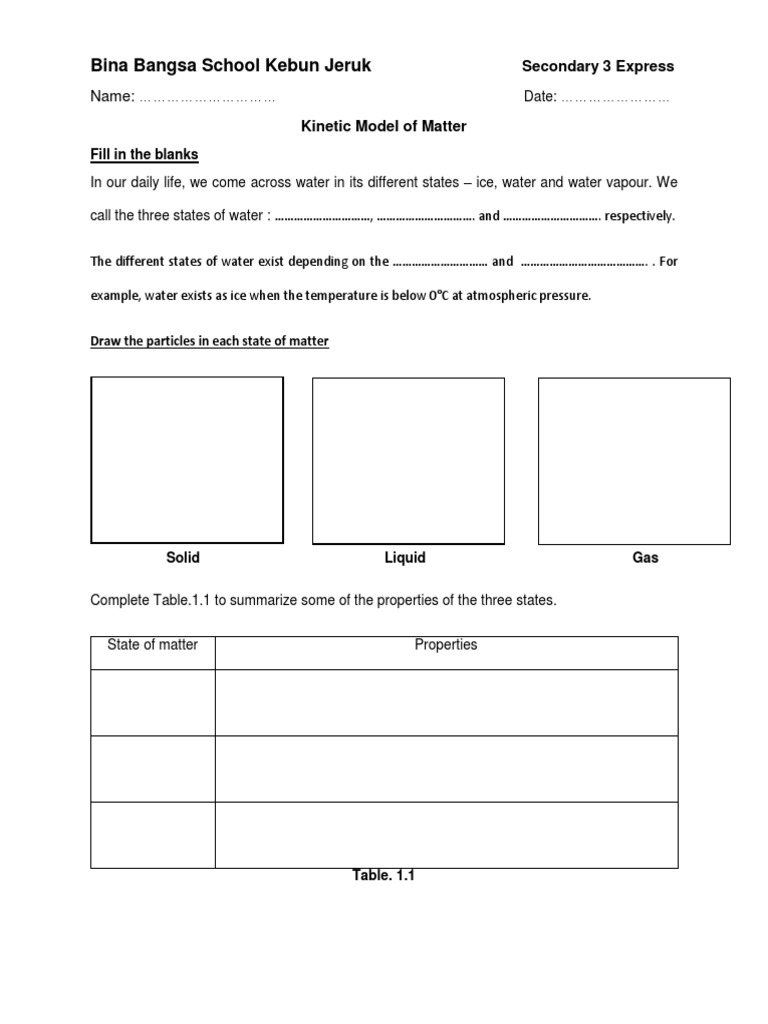Kinetic Model of Matter Worksheet | PDF