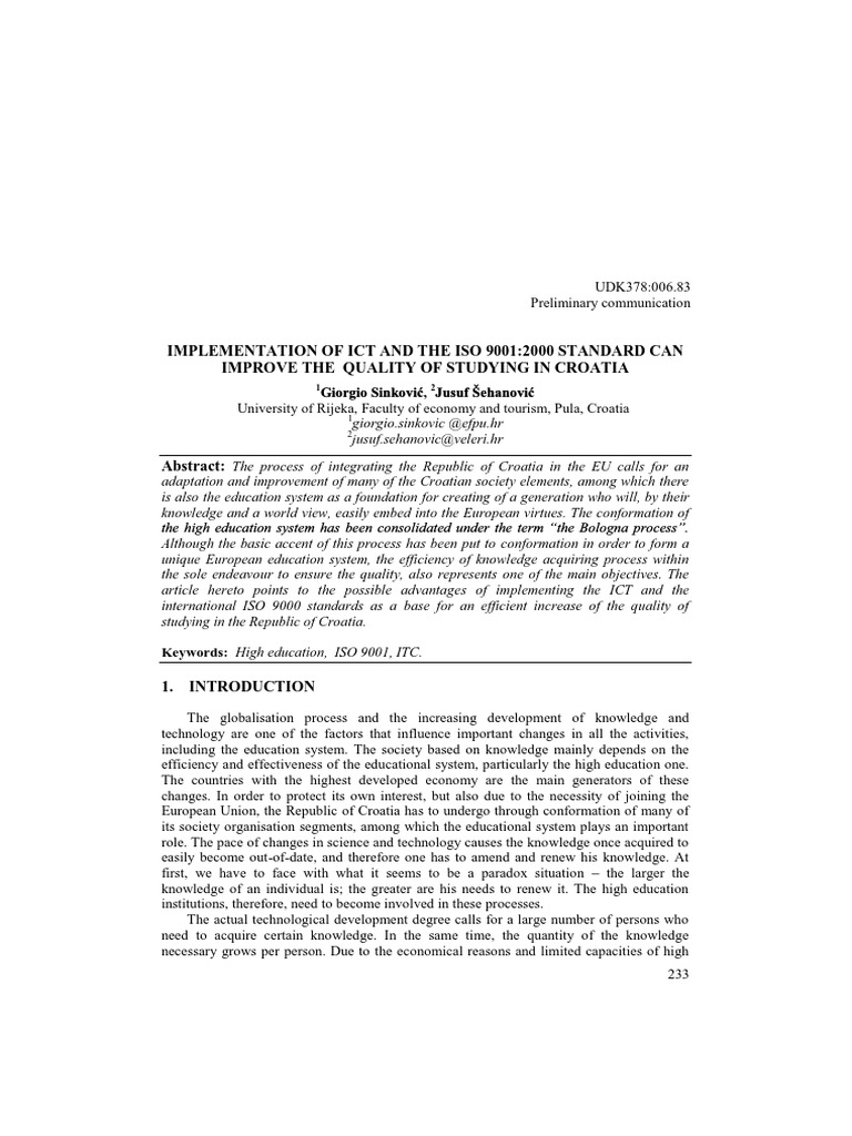 Enhancing Croatian Education with ICT and ISO 9001 | PDF | Quality ...