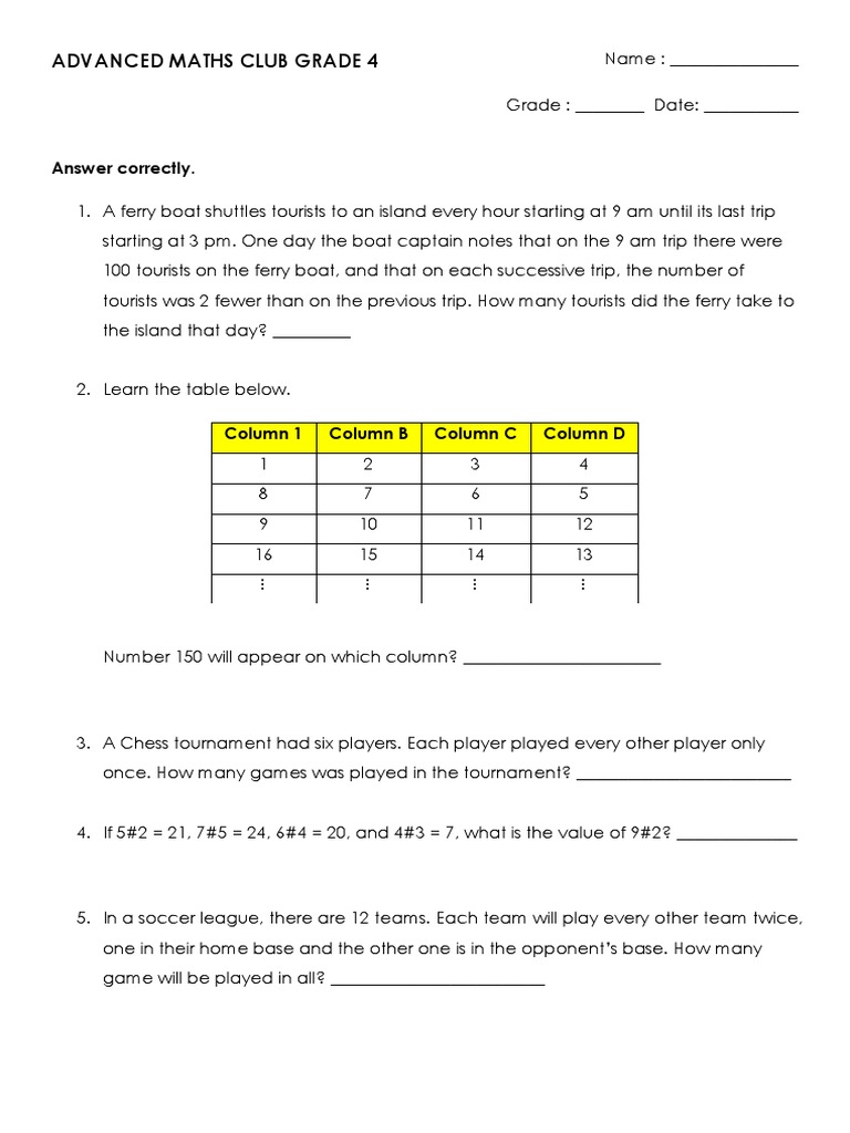 Advanced Maths Club Grade 4: Answer Correctly | PDF