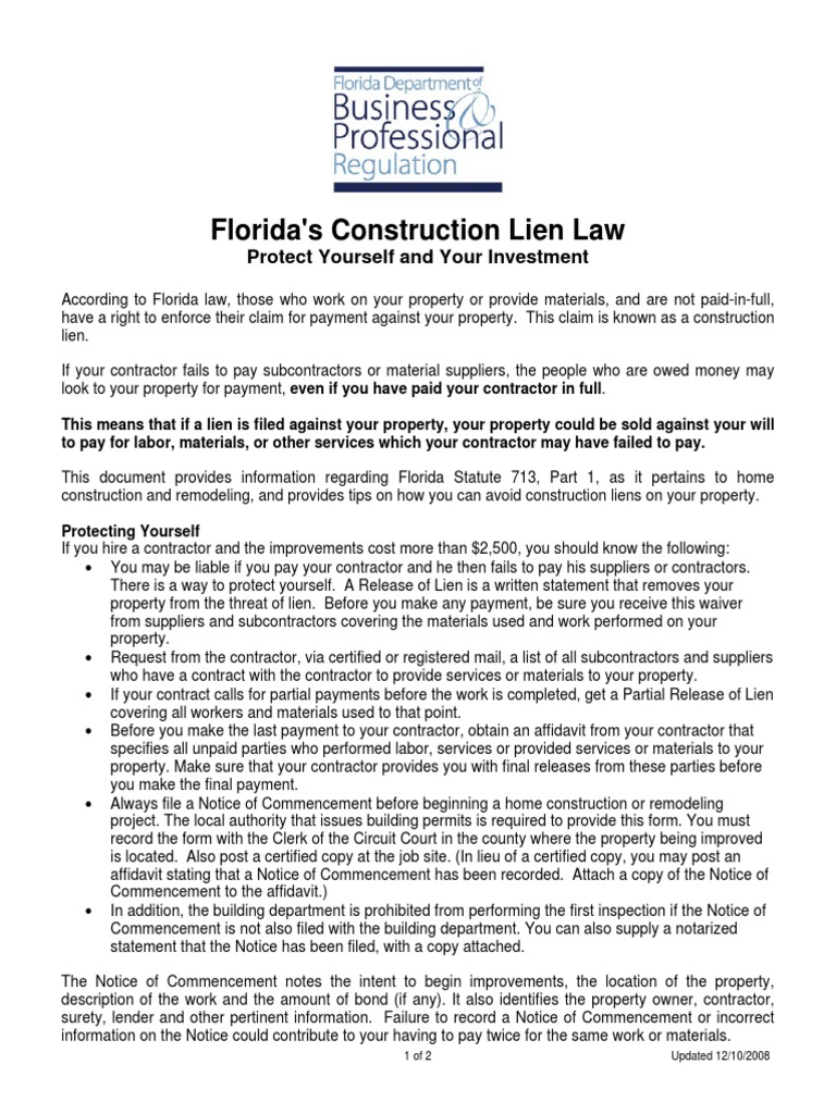 Florida Construction Lien Law Guide | PDF | Lien | Private Law