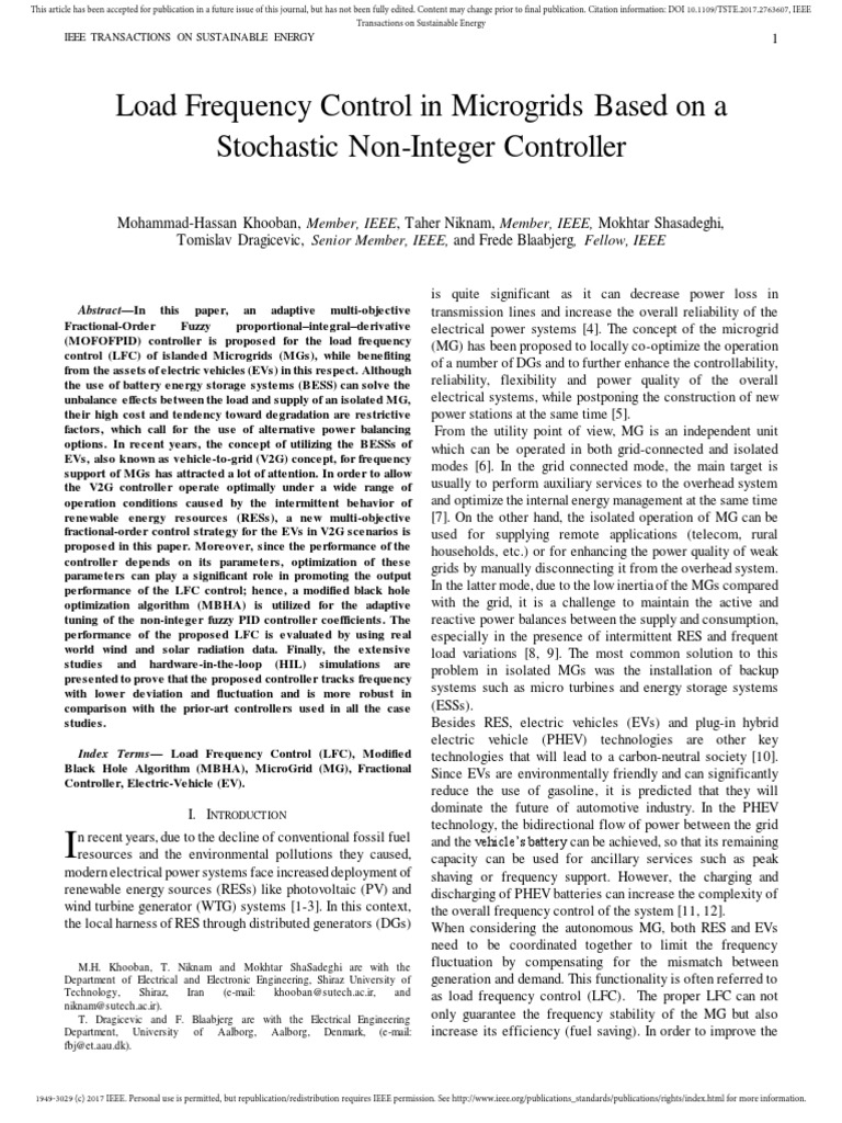Load Frequency Control In Microgrids Based On A Stochastic Non Integer Controller Pdf