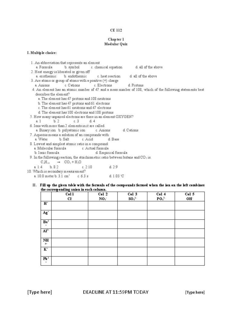 CE 112 Modular Quiz I. Multiple Choice:: (Type Here) Deadline at 11 ...