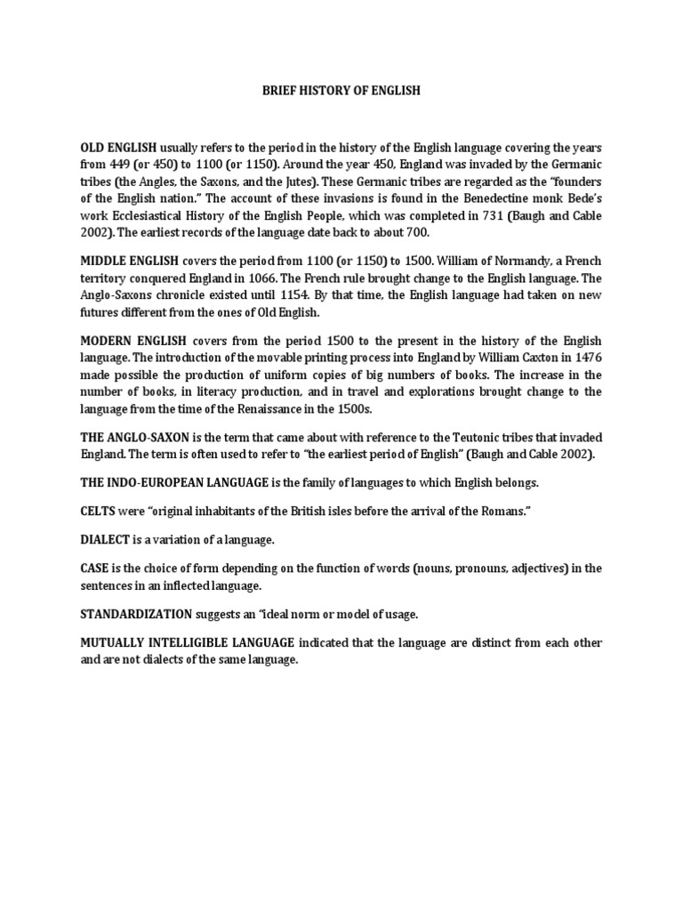 BRIEF HISTORY OF ENGLISH - Notes | PDF