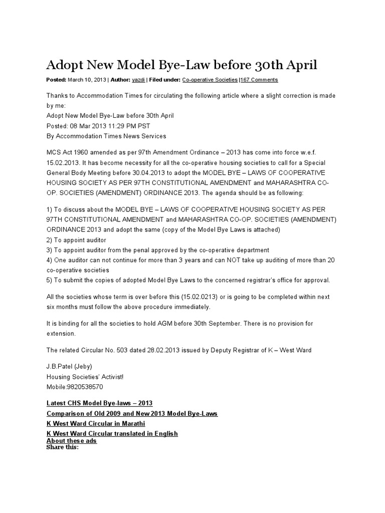 Adopt New Model Bye Laws | PDF