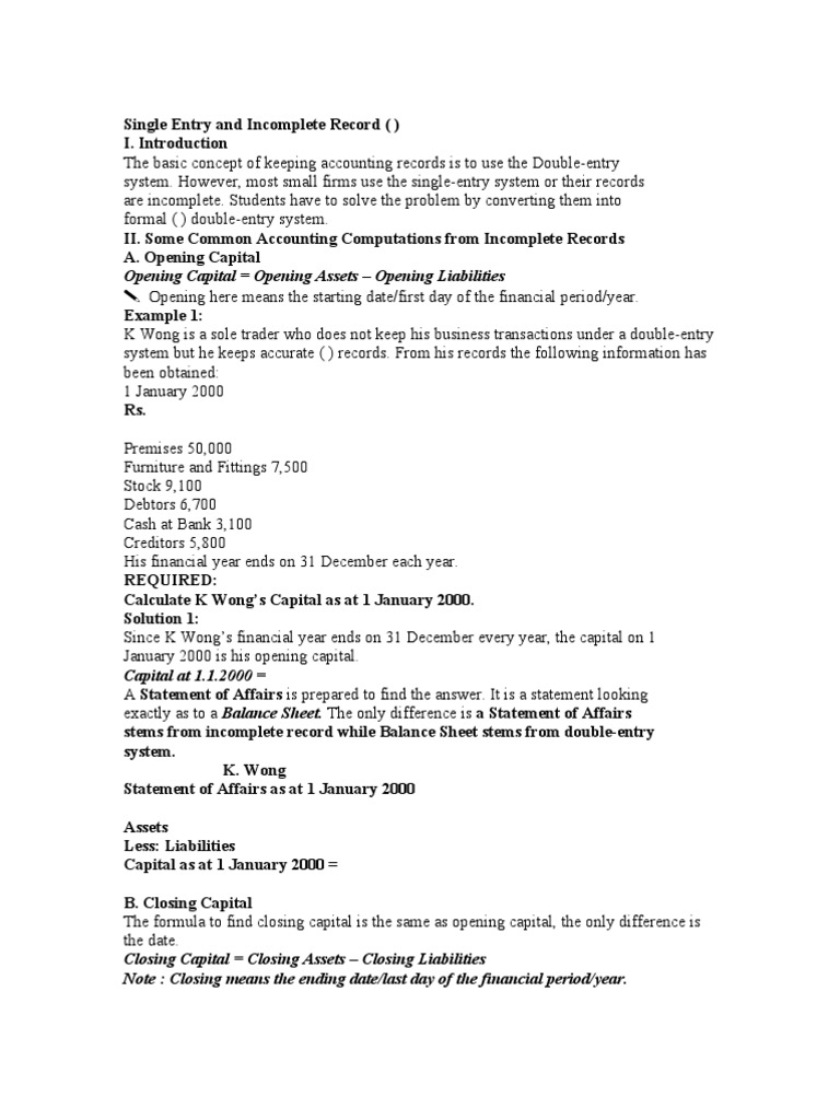 Single Entry and Incomplete Record | Balance Sheet | Liability ...