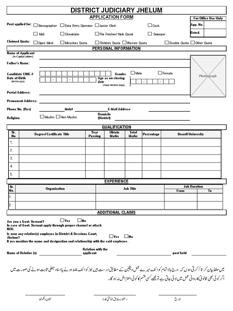 Jhelum District Judiciary Job Application Form | PDF | Justice | Crime ...