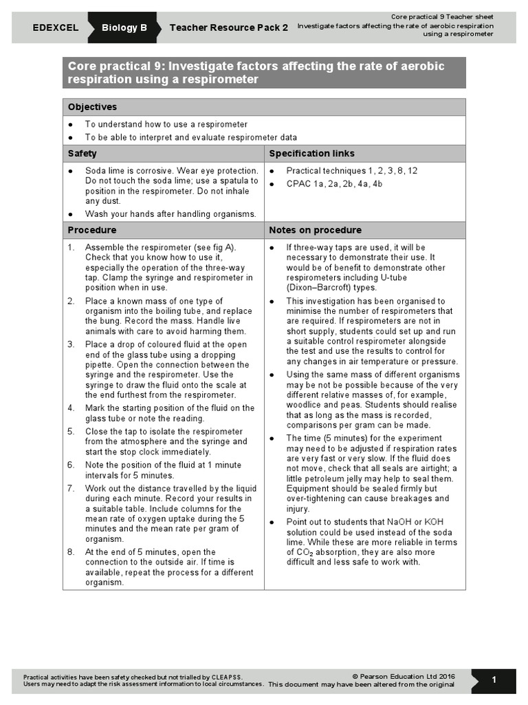 Core Practical 9: Investigate Factors Affecting The Rate of Aerobic ...