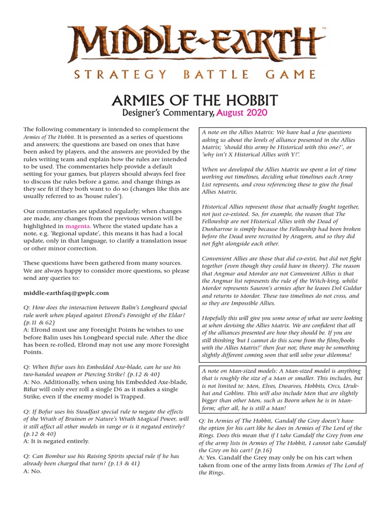 Mesbg - Armies-Of-The-Hobbit - Designer-Commentary (Aug 2020) | PDF ...