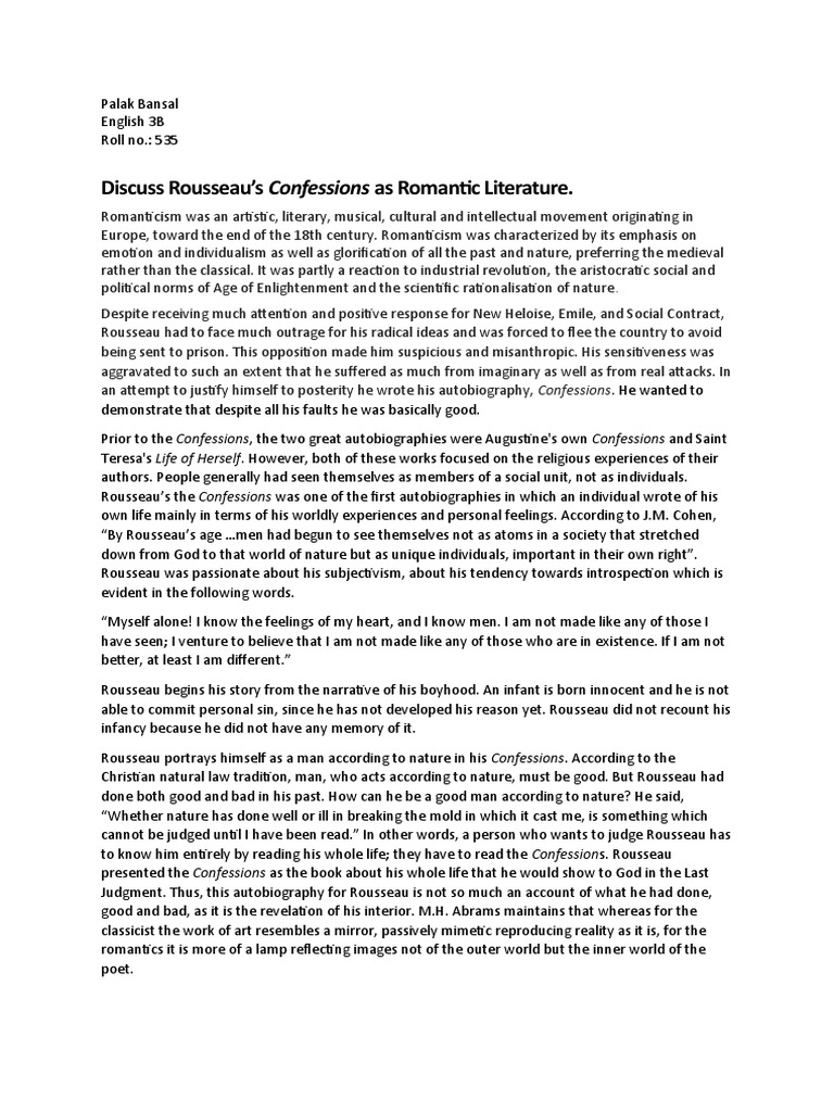 Discuss Rousseau's Confessions As Romantic Literature | PDF | Jean ...