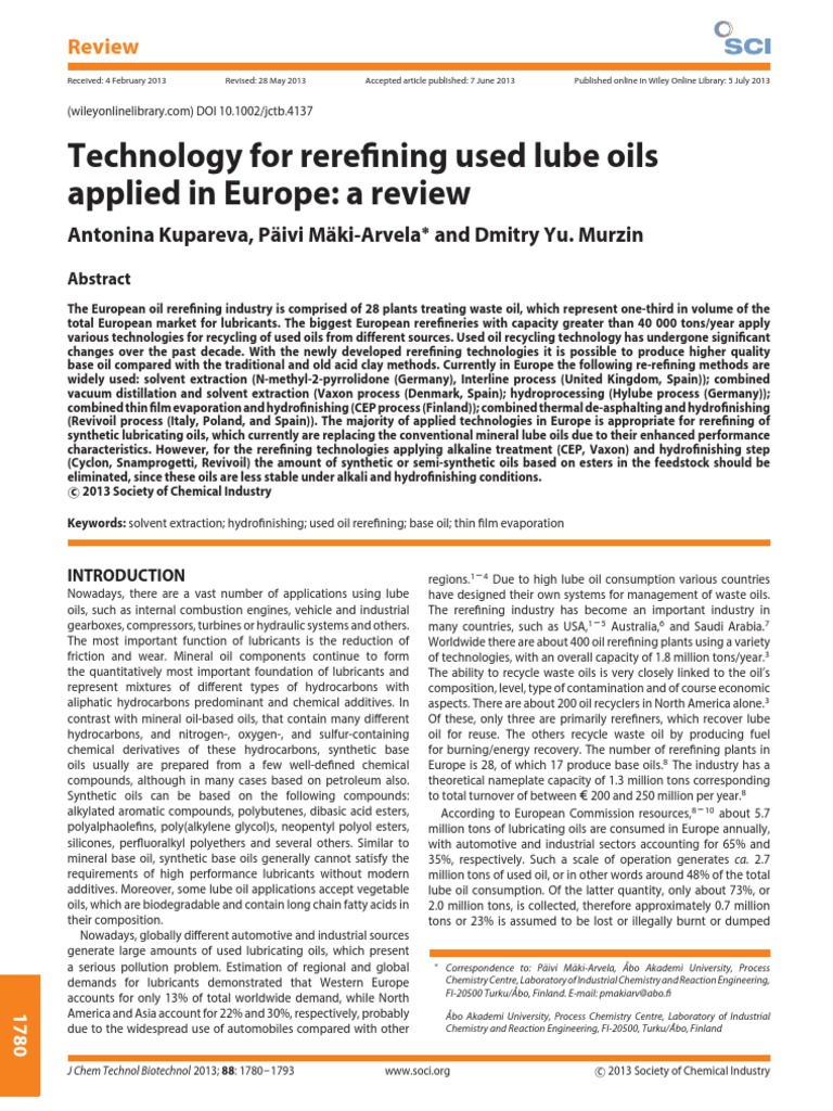 Advances in European Oil Rerefining | PDF | Oil Refinery | Lubricant