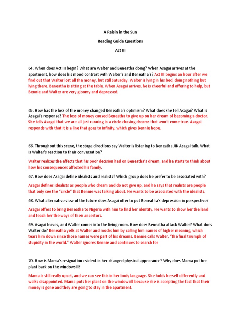 9 Raisin in The Sun Reading Questions Act III | PDF