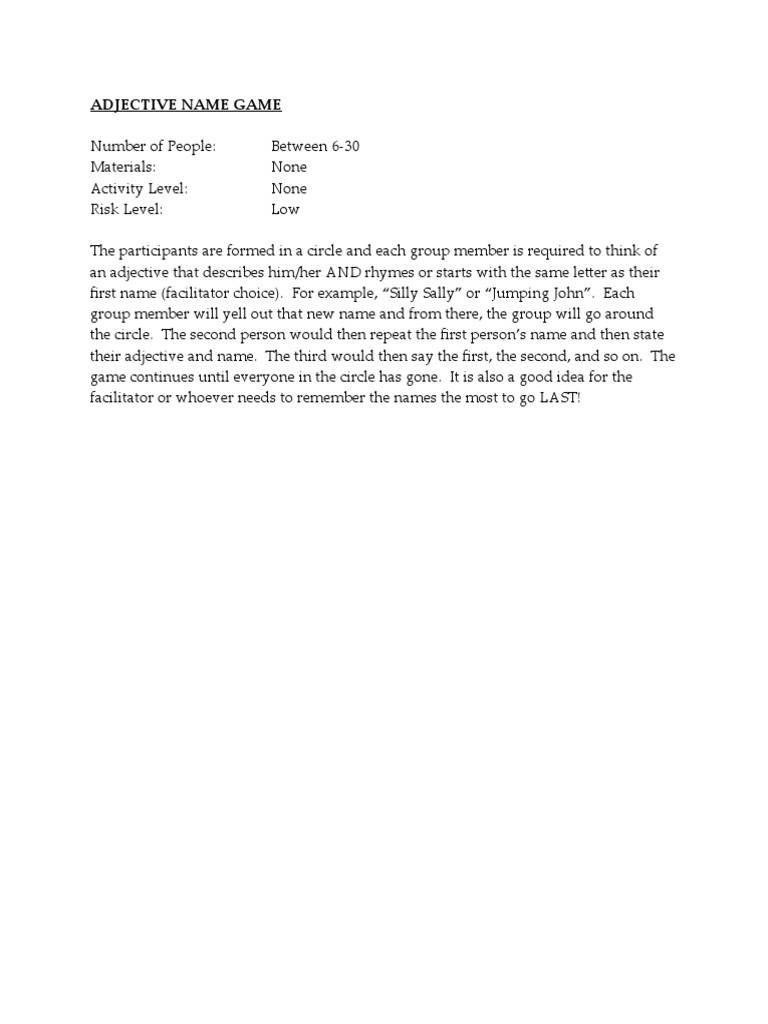 Adjective Name Game 1 | PDF