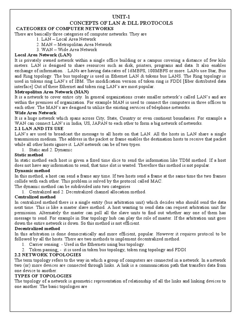 UNIT-1 Concepts of Lan & DLL Protocols: Categores of Computer Networks ...