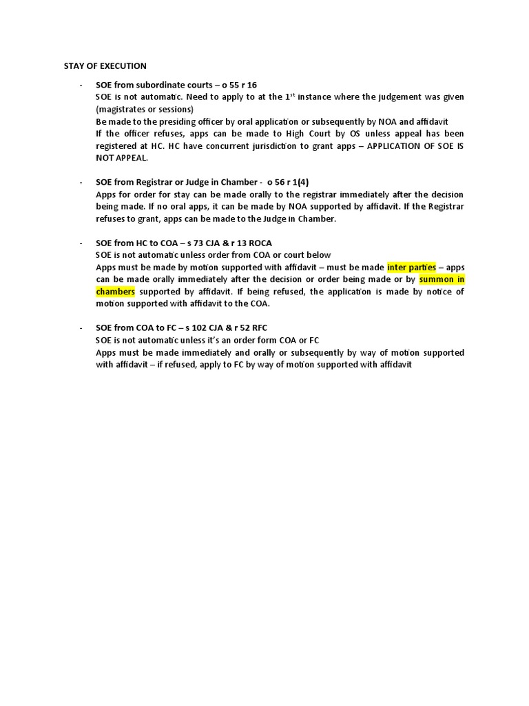 Stay of Execution - SOE From Subordinate Courts - o 55 R 16 | PDF