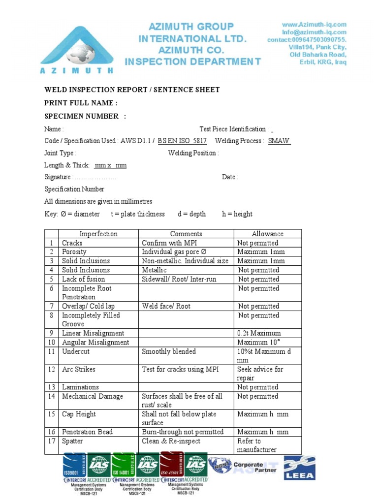 Weld Inspection Report / Sentence Sheet Print Full Name: Specimen ...