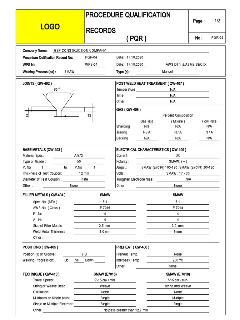Procedure Qualification Record for Shielded Metal Arc Welding of A572 ...
