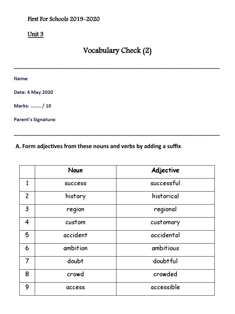 Unit 3 Vocabulary Check - Adjectives | PDF