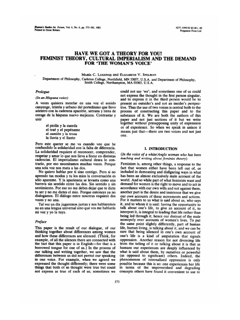 Lugones and Spelman - Have We Got A Theory For You | PDF ...