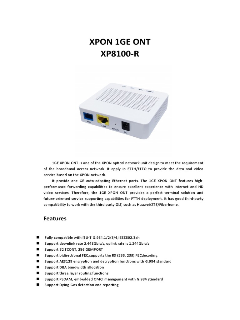 XPON 1GE ONT for Network Providers | PDF | Physical Layer Protocols ...