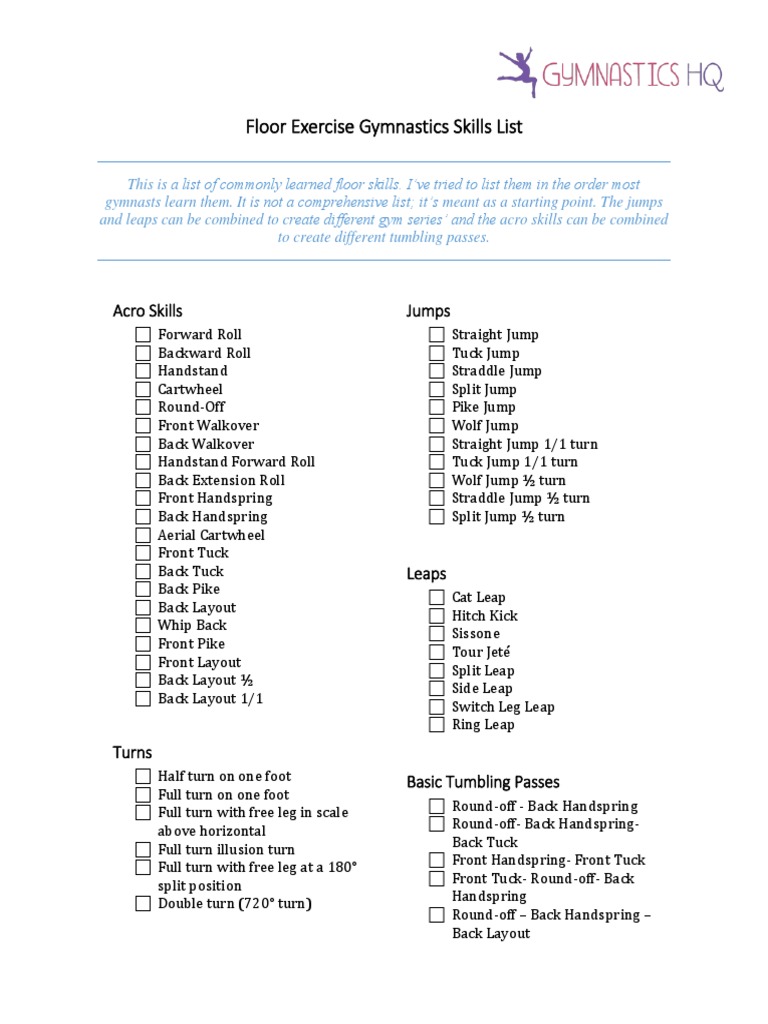 Gymnastics HQ Floor Exercise Skills List PDF | PDF | Gymnastics ...