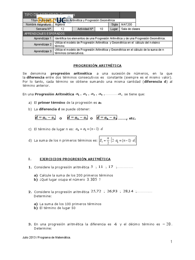 Mat200 Guia Ejercicios 10 Progresion Aritmetica y Geometrica | PDF | Proporción | Matemática ...
