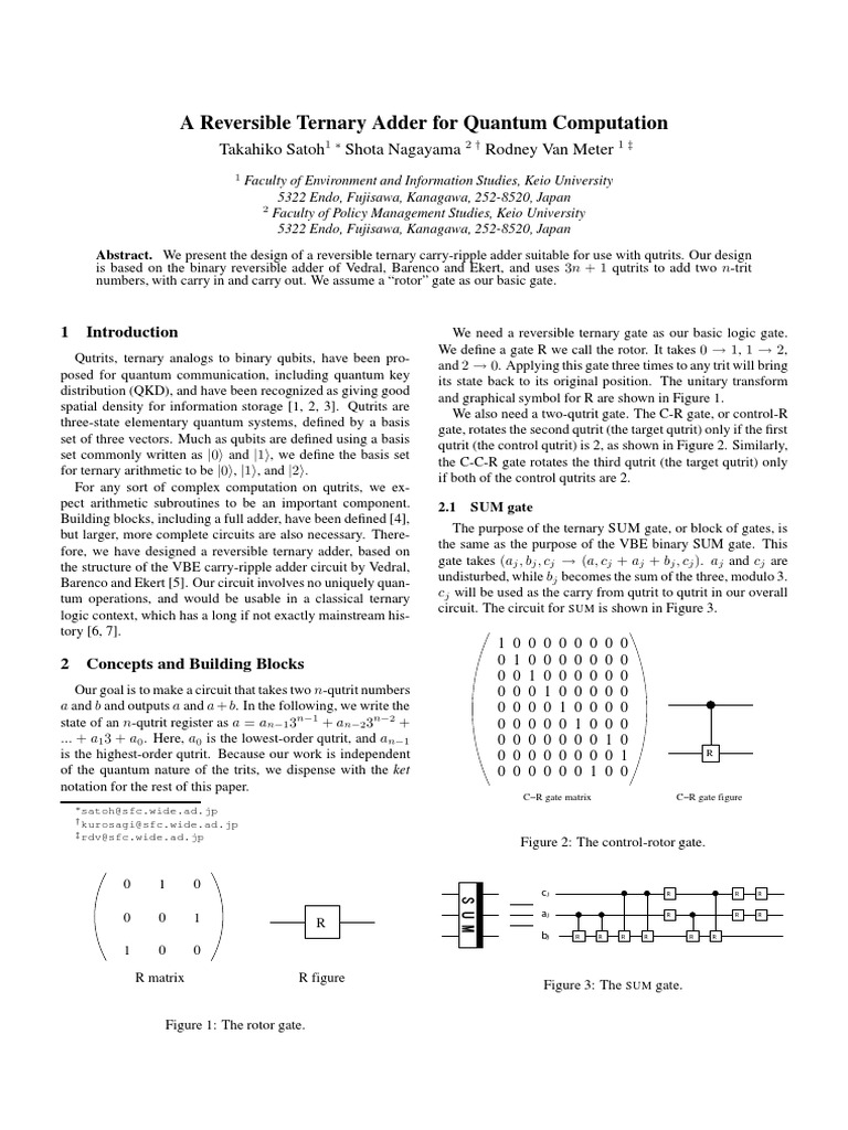 A Reversible Ternary Adder For Quantum Computation: Takahiko Satoh Shota Nagayama Rodney Van ...