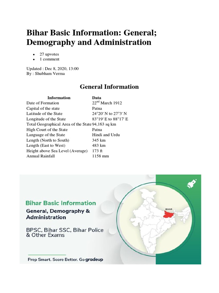 Bihar Basic Information - General Demography and Administration - Bihar ...