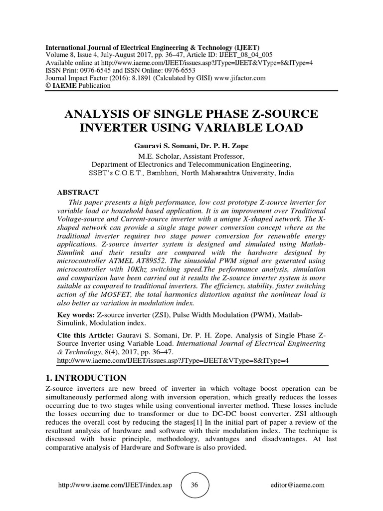 Analysis of Single Phase Z-Source Inverter Using Variable Load | PDF | Power Inverter ...