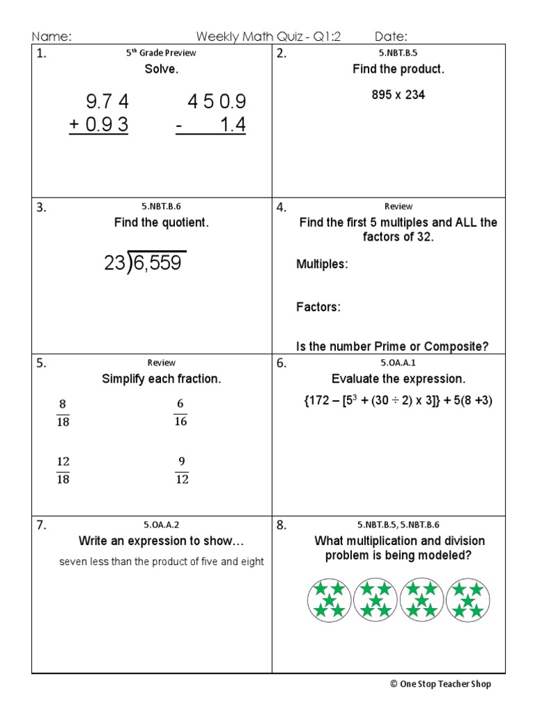 2 Weekly Quiz Q1 (Mult & Divide Whole Num) | PDF