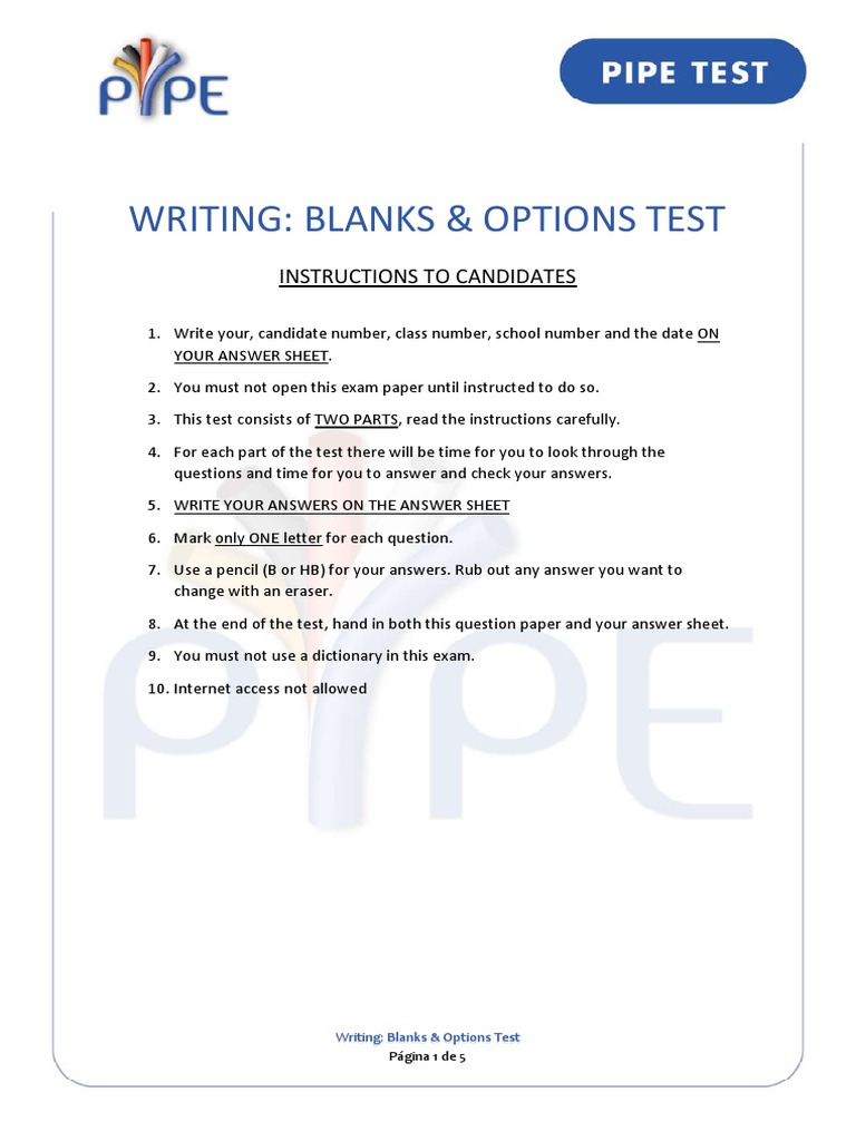Writing: Blanks & Options Test: Instructions To Candidates | PDF | Test ...