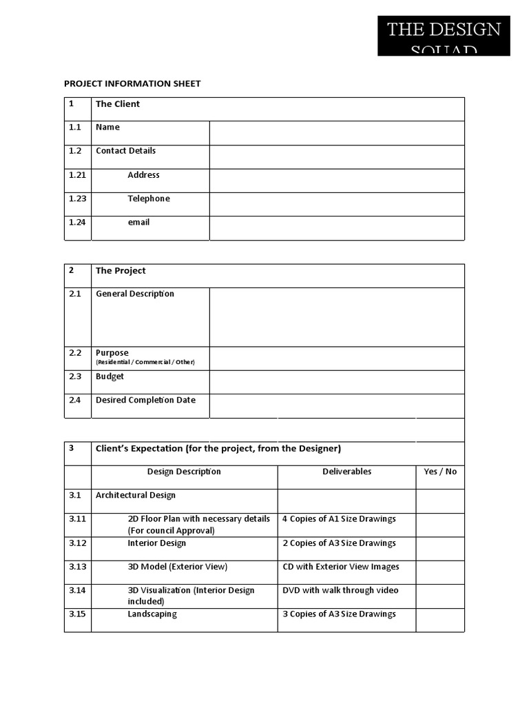 The Design Squad: Project Information Sheet The Client | PDF | System ...