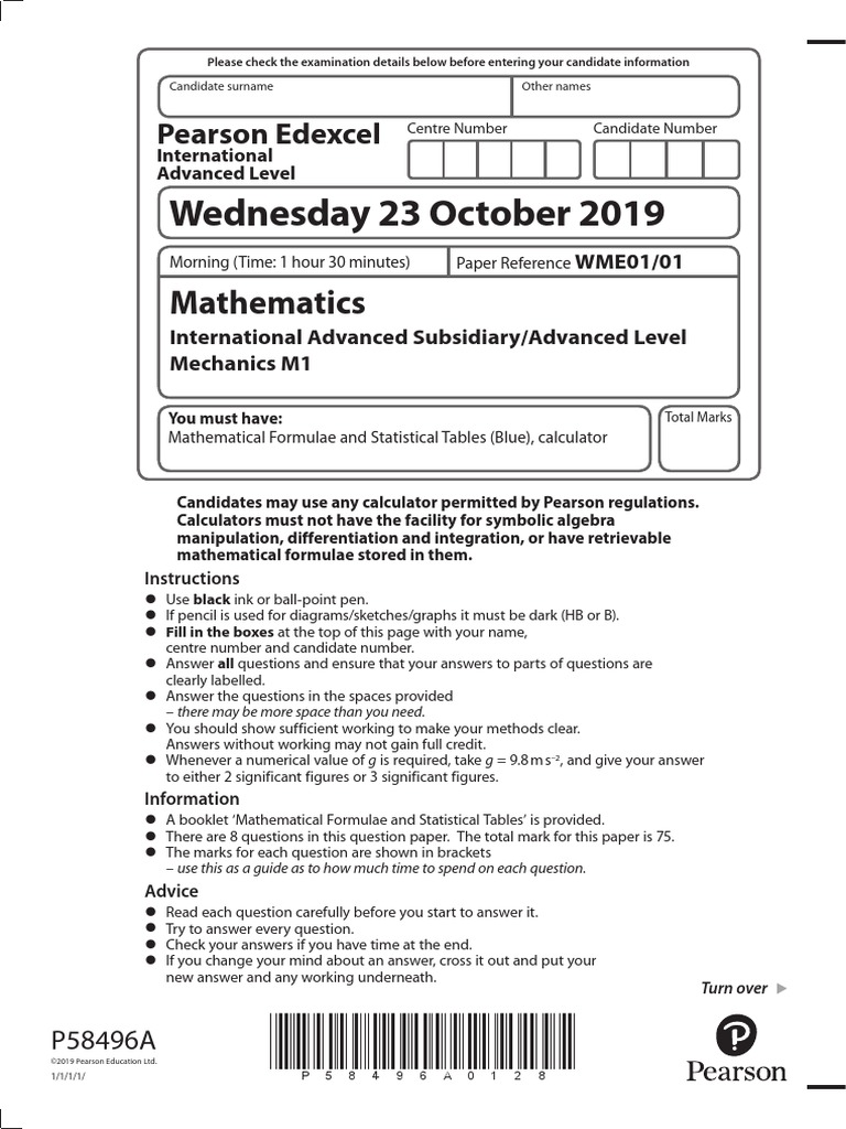 M1 Oct 2019 Ial QP PDF | PDF | Force | Mechanical Engineering