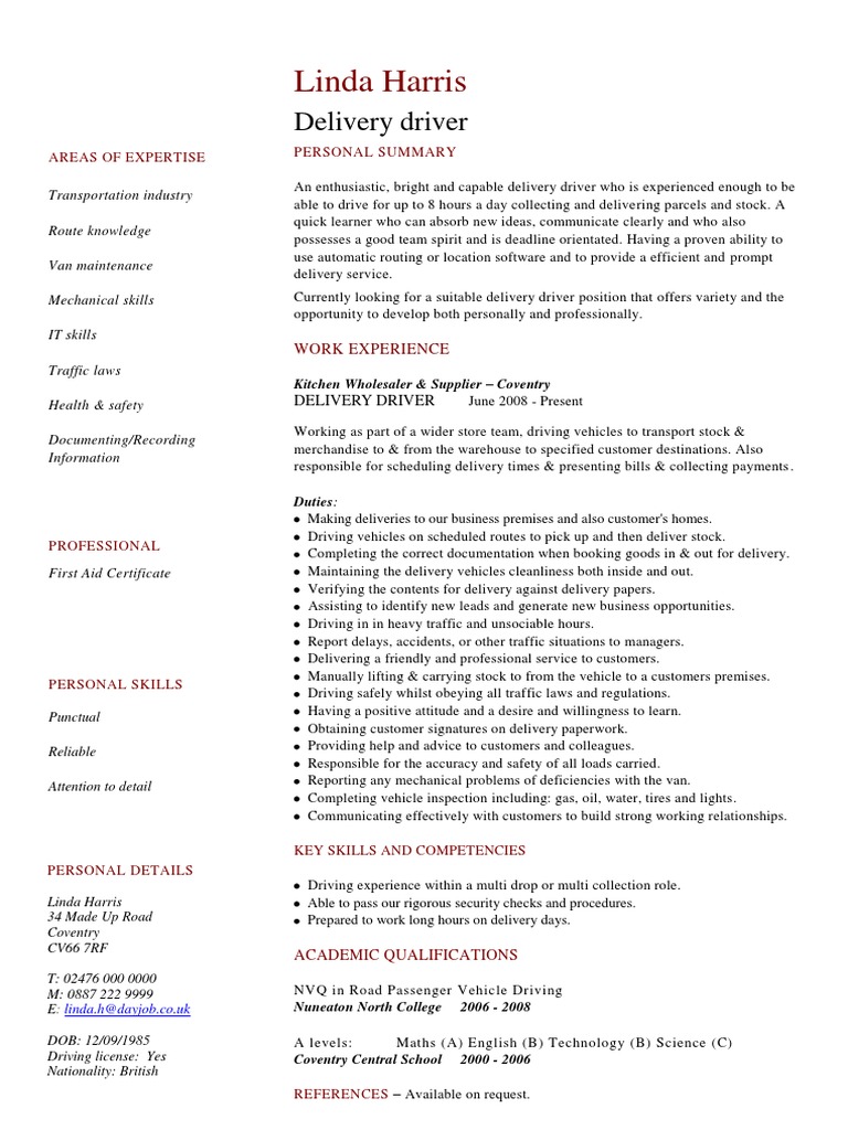 Delivery Driver CV Example PDF | PDF | Delivery (Commerce) | Traffic