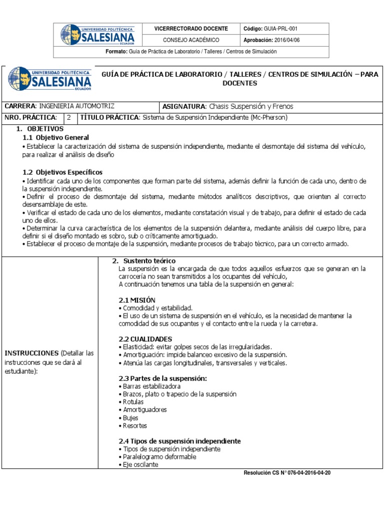 Guías de Practicas de Sistema de Suspensión Independiente (MC Pherson) | PDF | Eje | Vehículo de ...