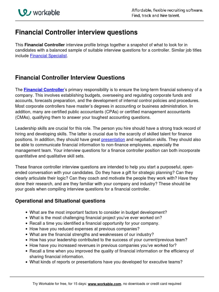 Financial Controller Interview Questions PDF | Download Free PDF ...
