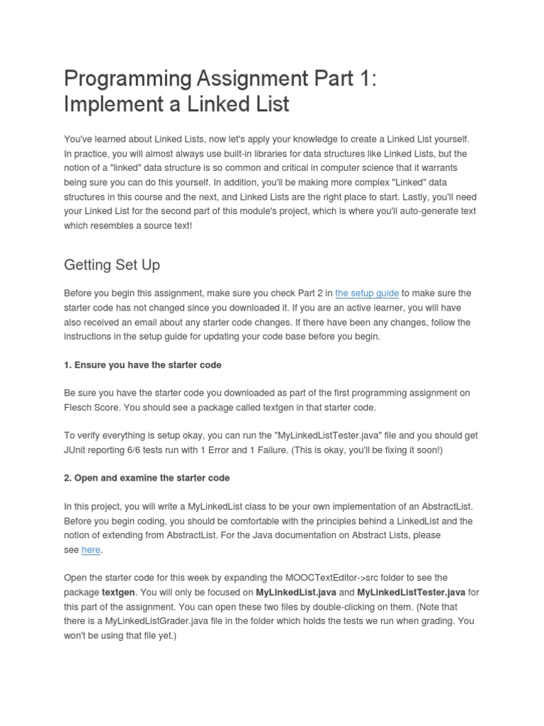 Programming Assignment Part 1 Implement A Linked List Getting Set Up Pdf Java Programming