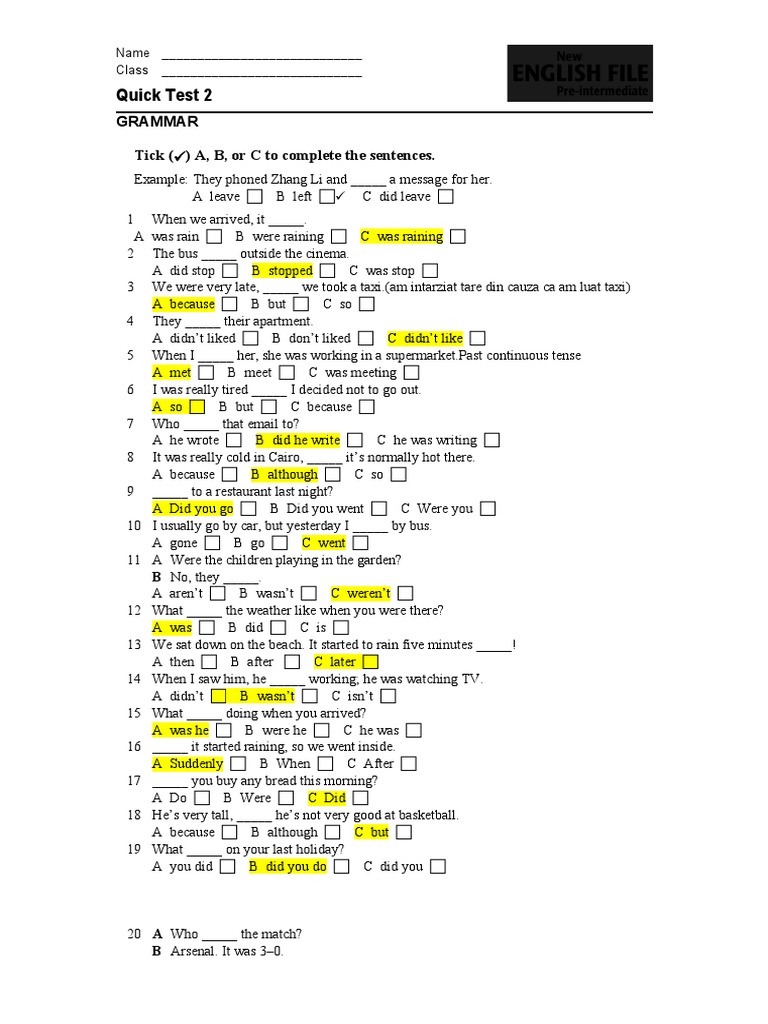 Quick Test 2: Grammar Tick ( ) A, B, or C To Complete The Sentences ...