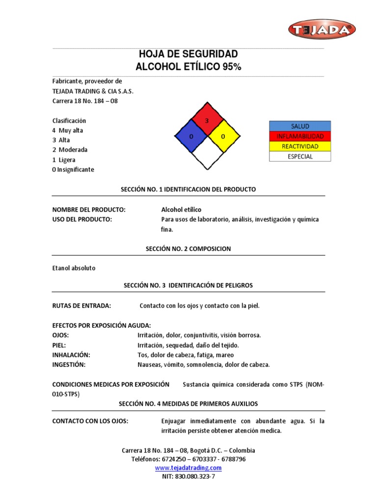 Hoja de Seguridad Alcohol Etílico 95% | PDF | Etanol | Química