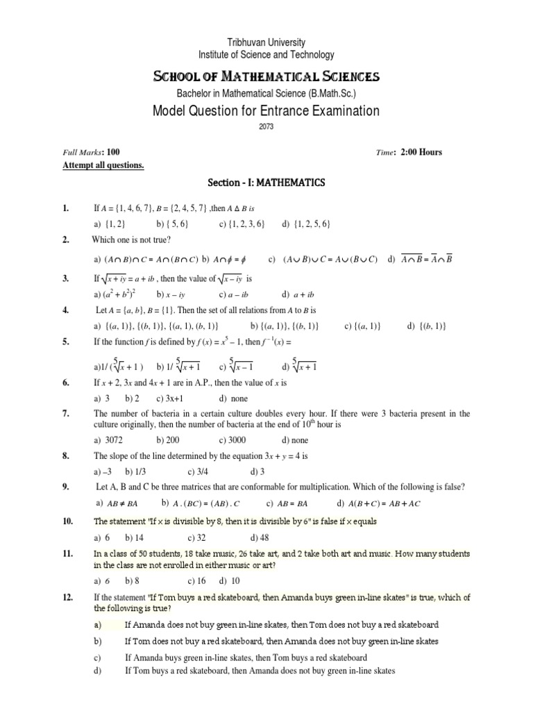 Model Question For Entrance Examination: Chool of Athematical Ciences ...
