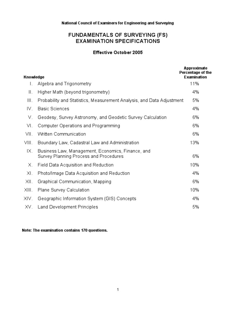 Fundamentals of Surveying Exam Specs | PDF | Surveying | Geodesy