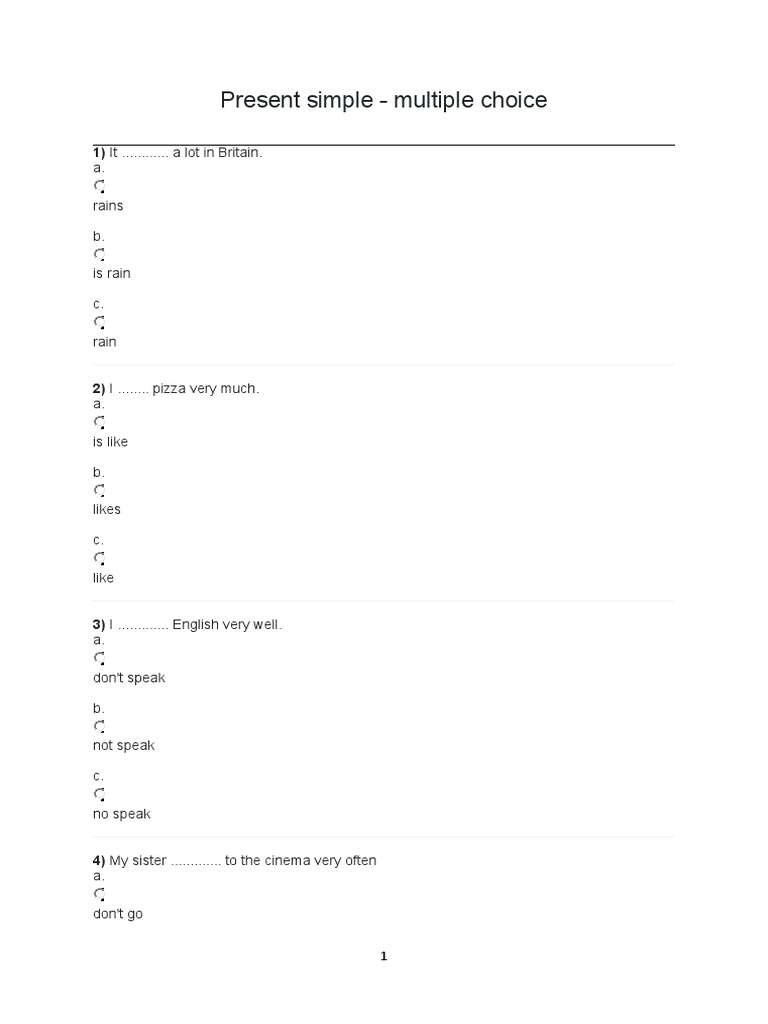 Present Simple - Multiple Choice: 1) It ............ A Lot in Britain | PDF