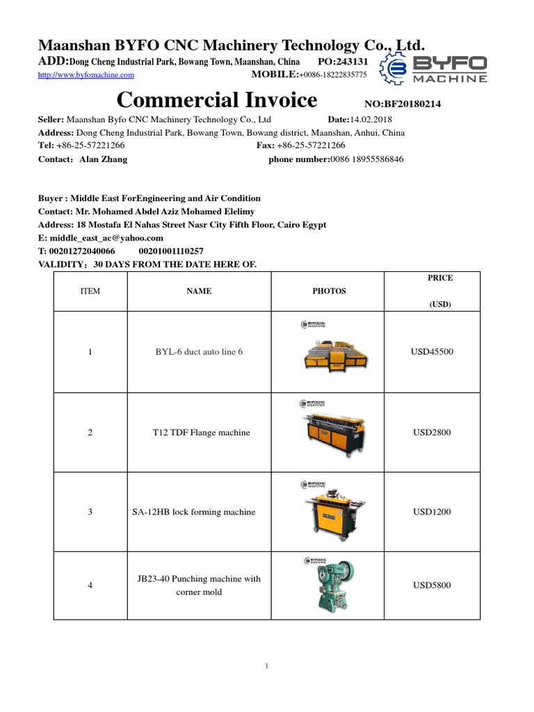 Commercial Invoice: Maanshan BYFO CNC Machinery Technology Co., LTD ...