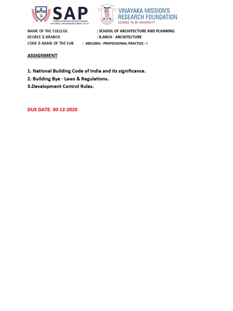 Assignment 1. National Building Code of India and Its Significance. 2 ...