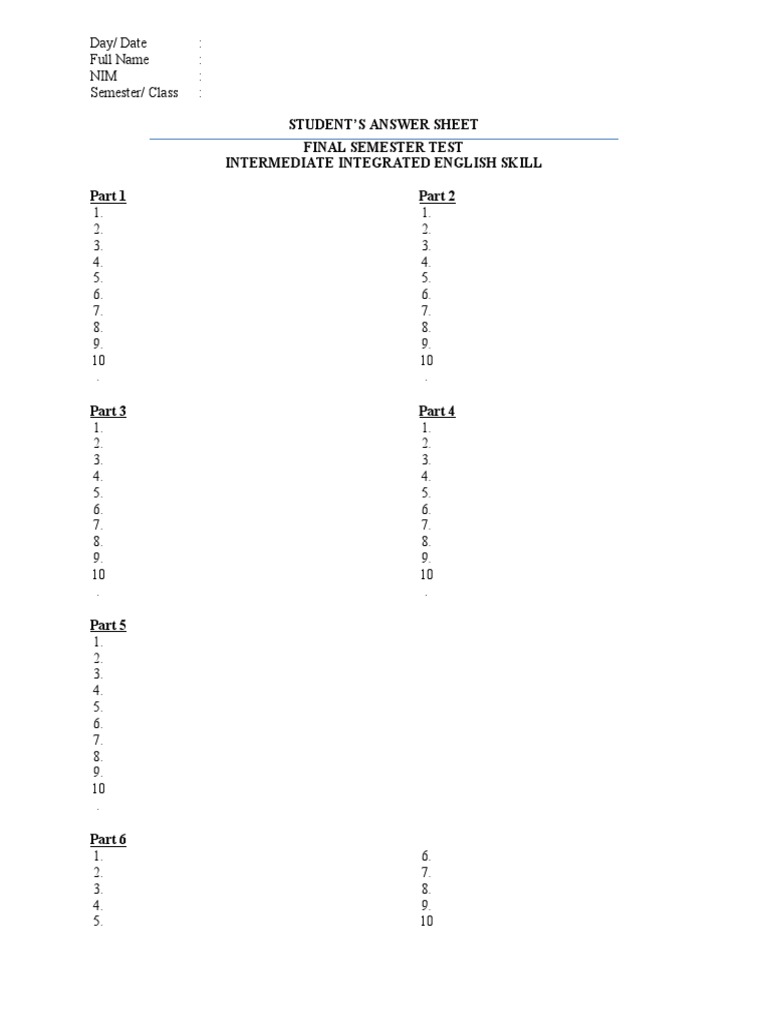 Final Semester Test Answer Sheet | PDF