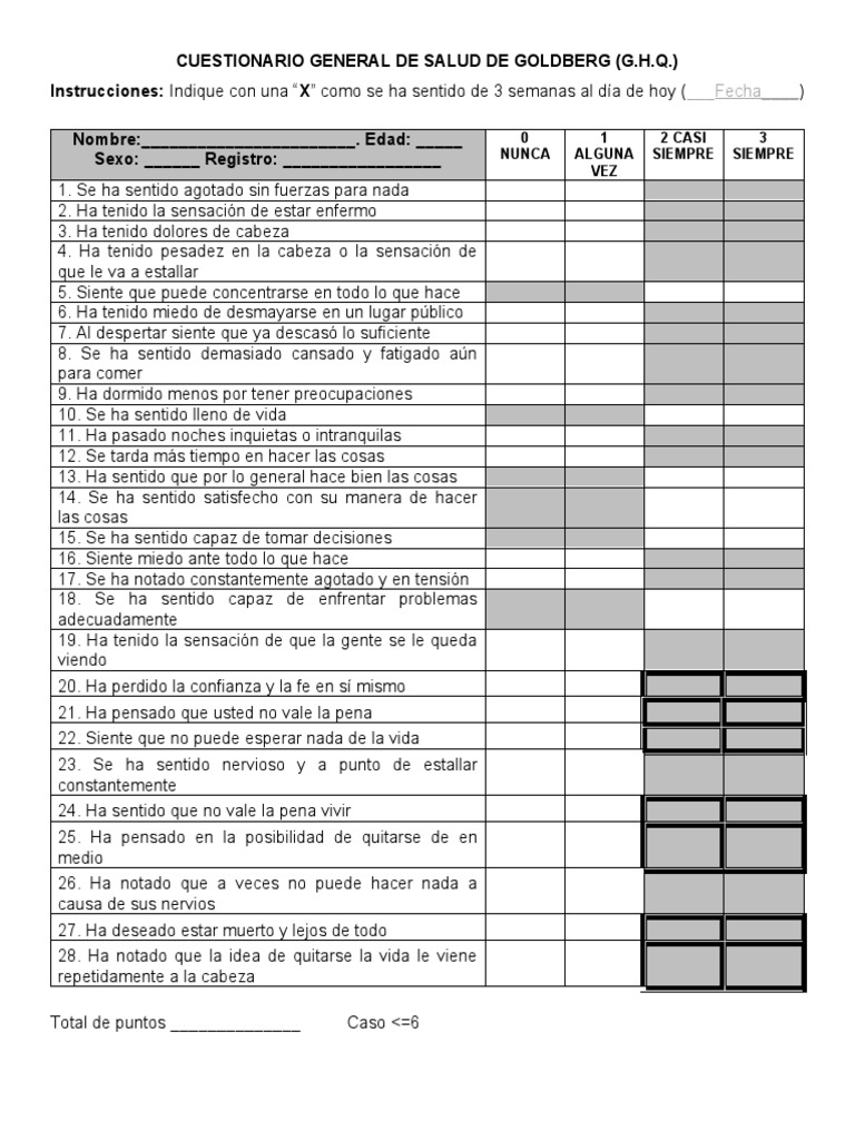 CUESTIONARIO GENERAL DE SALUD DE GOLDBERG - Plantilla | PDF