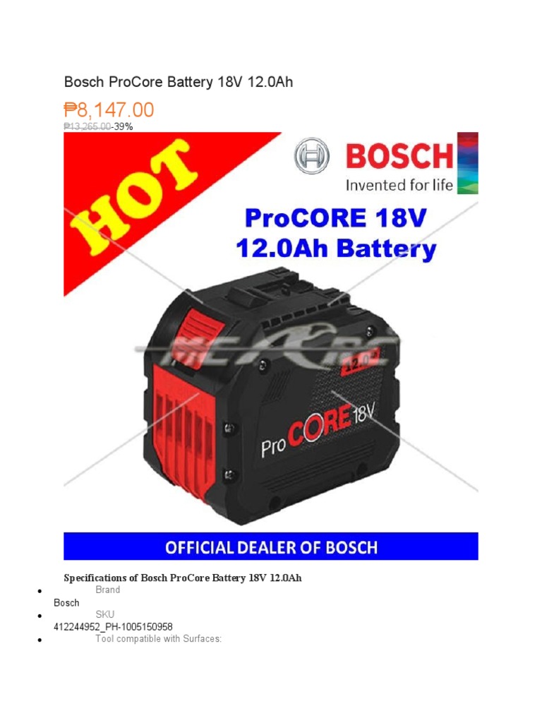 Bosch ProCore 18V 12.0Ah Battery Specs | PDF