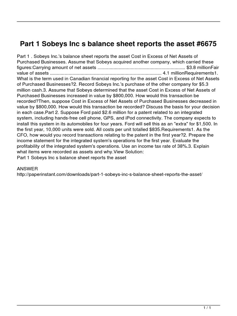 Part 1 Sobeys Inc S Balance Sheet Reports The Asset | Download Free PDF ...